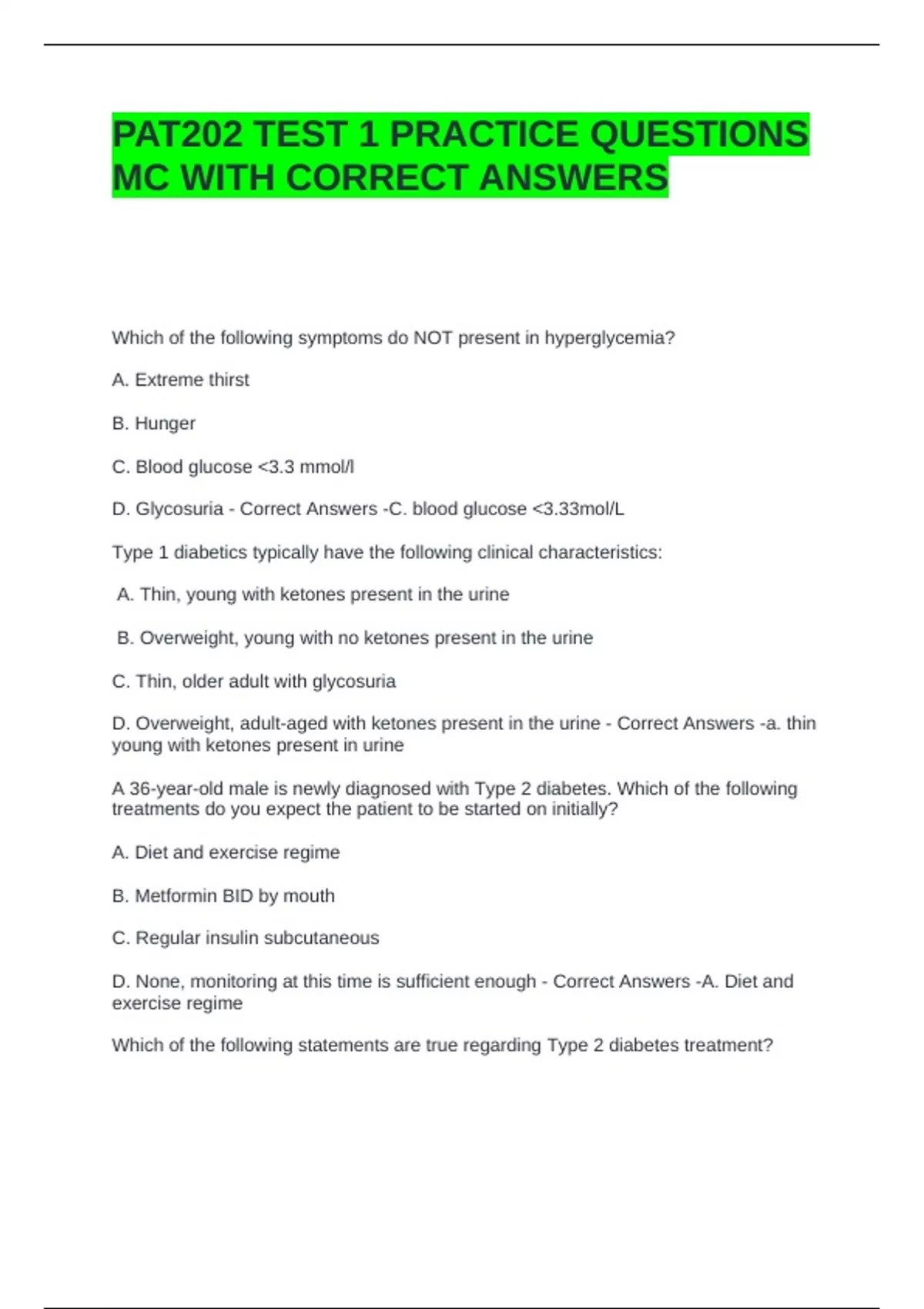 PAT202 TEST 1 PRACTICE QUESTIONS MC WITH CORRECT ANSWERS - PAT - Stuvia US