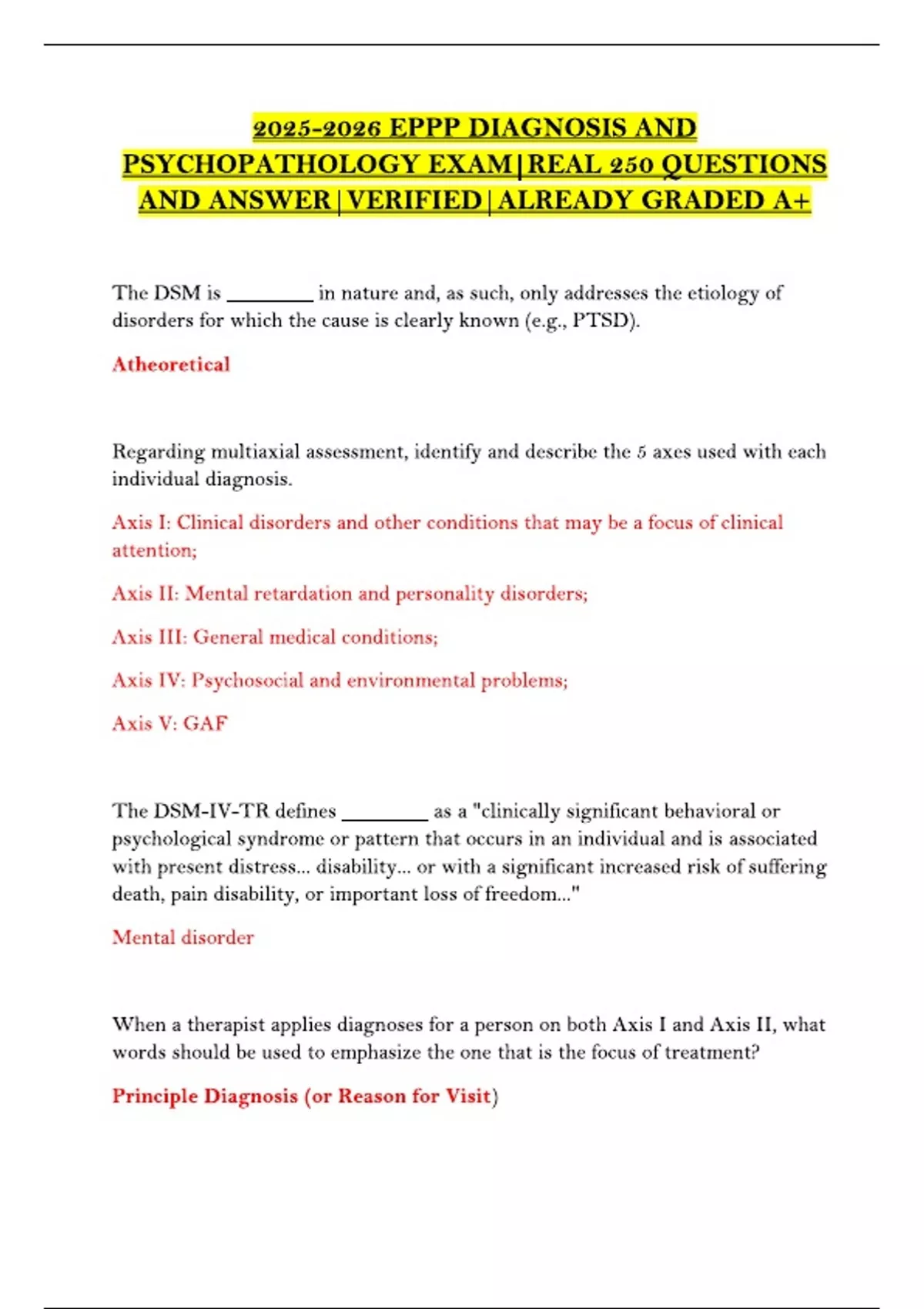 EPPP DIAGNOSIS AND PSYCHOPATHOLOGY EXAM|REAL 250 QUESTIONS AND ANSWER ...