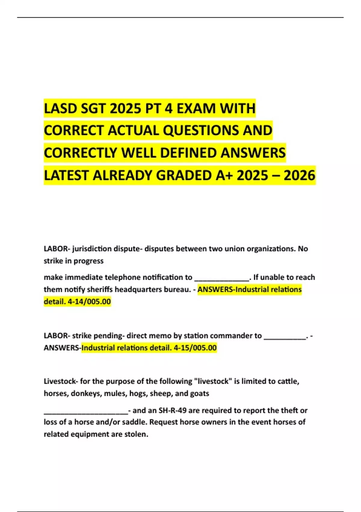 LASD SGT 2025 PT 4 EXAM WITH CORRECT ACTUAL QUESTIONS AND CORRECTLY ...