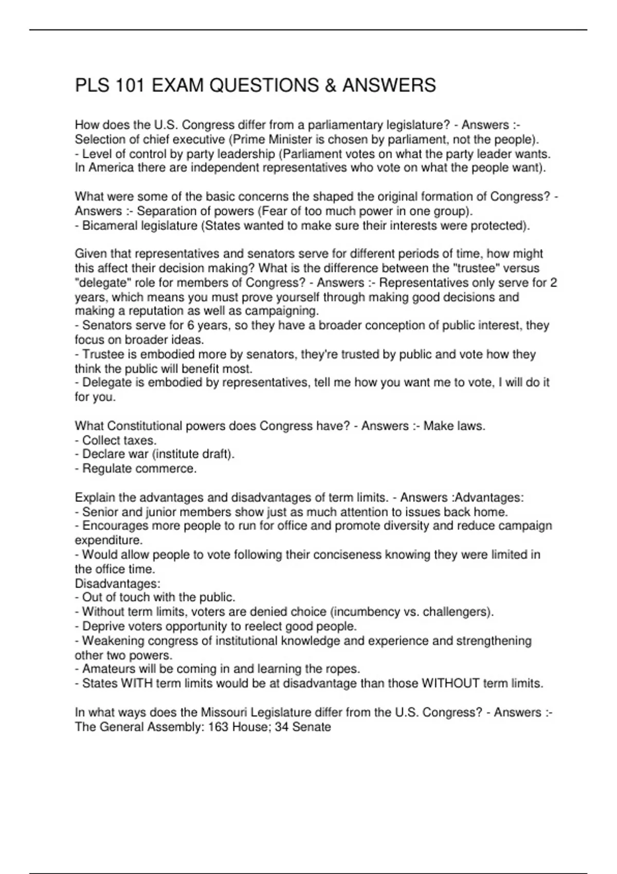 PLS 101 EXAM QUESTIONS & ANSWERS - PLS 101 - Stuvia US