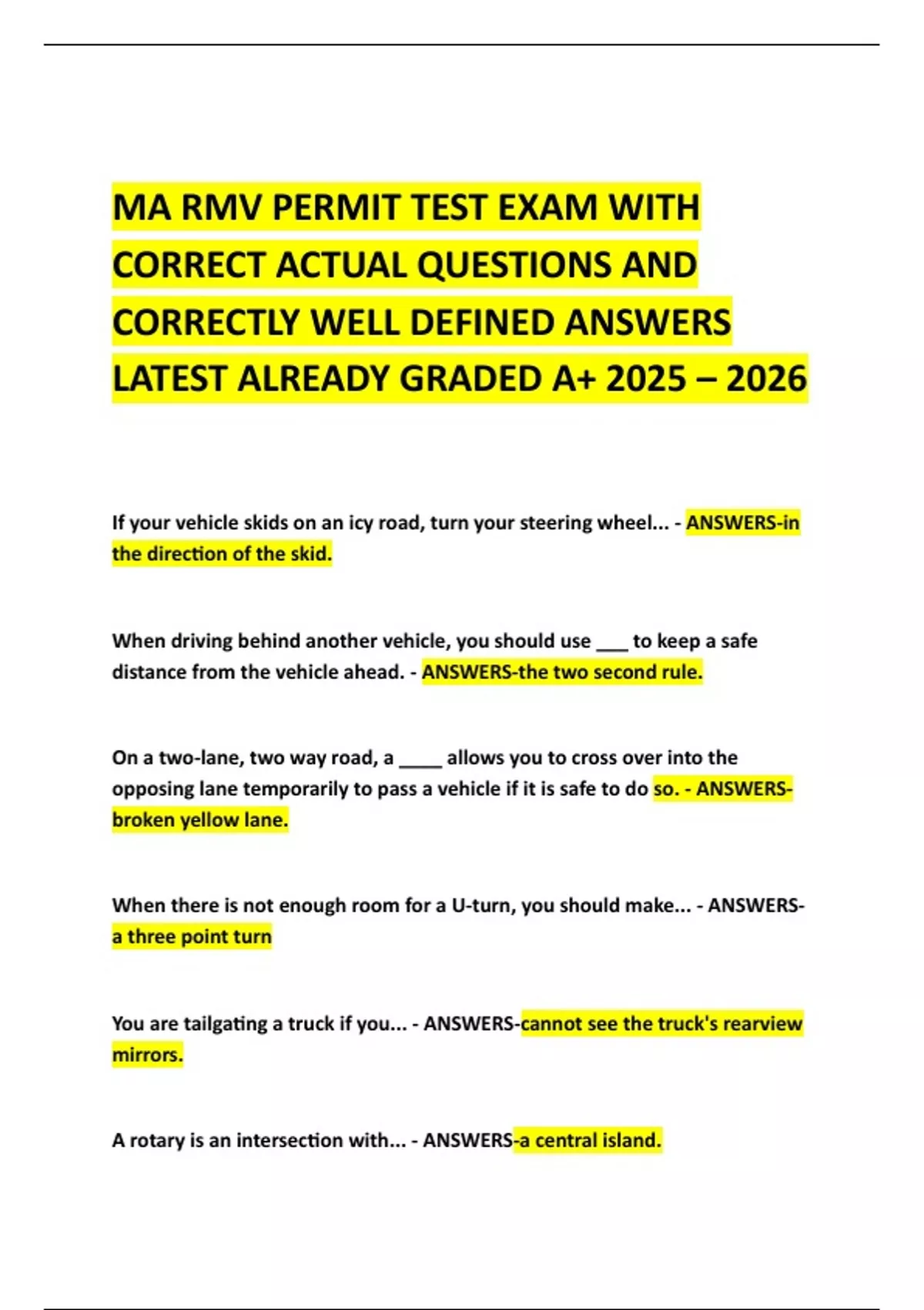 MA RMV PERMIT TEST EXAM WITH CORRECT ACTUAL QUESTIONS AND CORRECTLY ...
