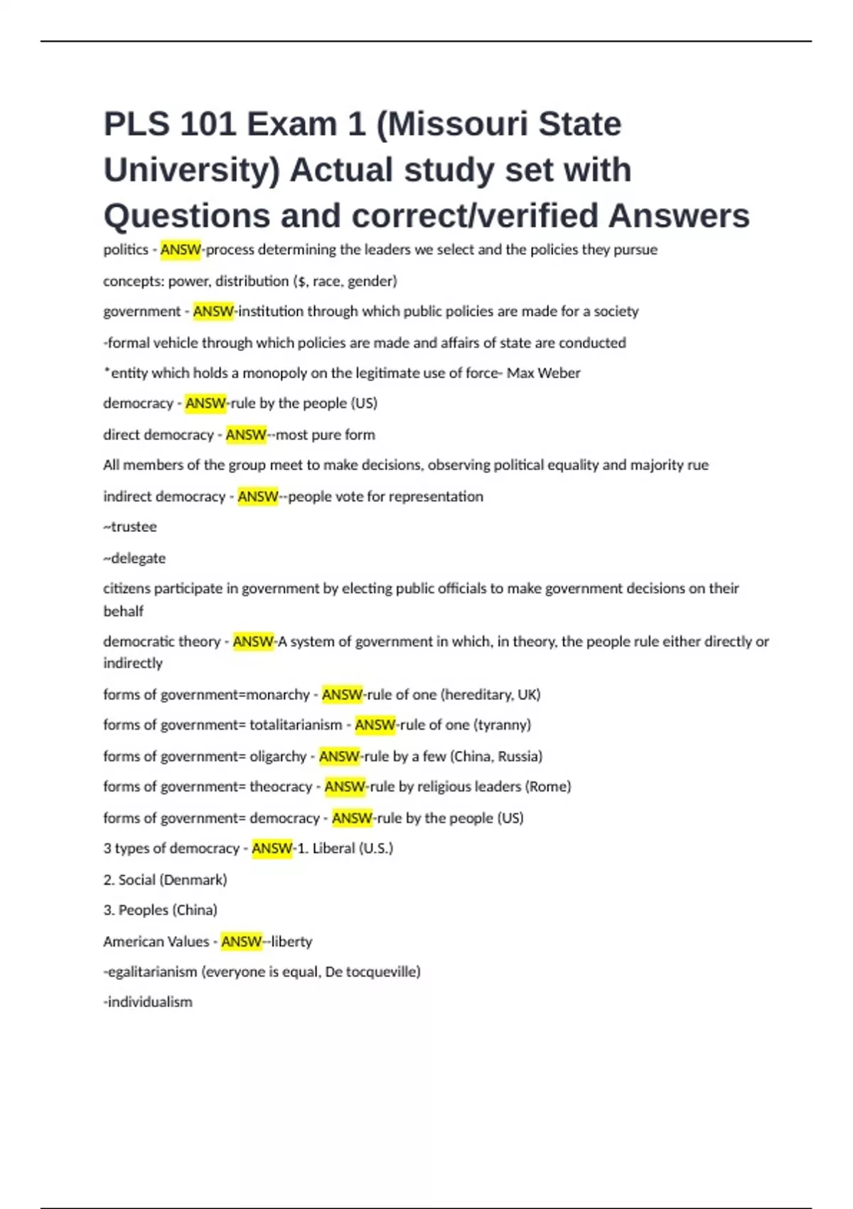 PLS 101 Exam 1 (Missouri State University) Actual study set with ...