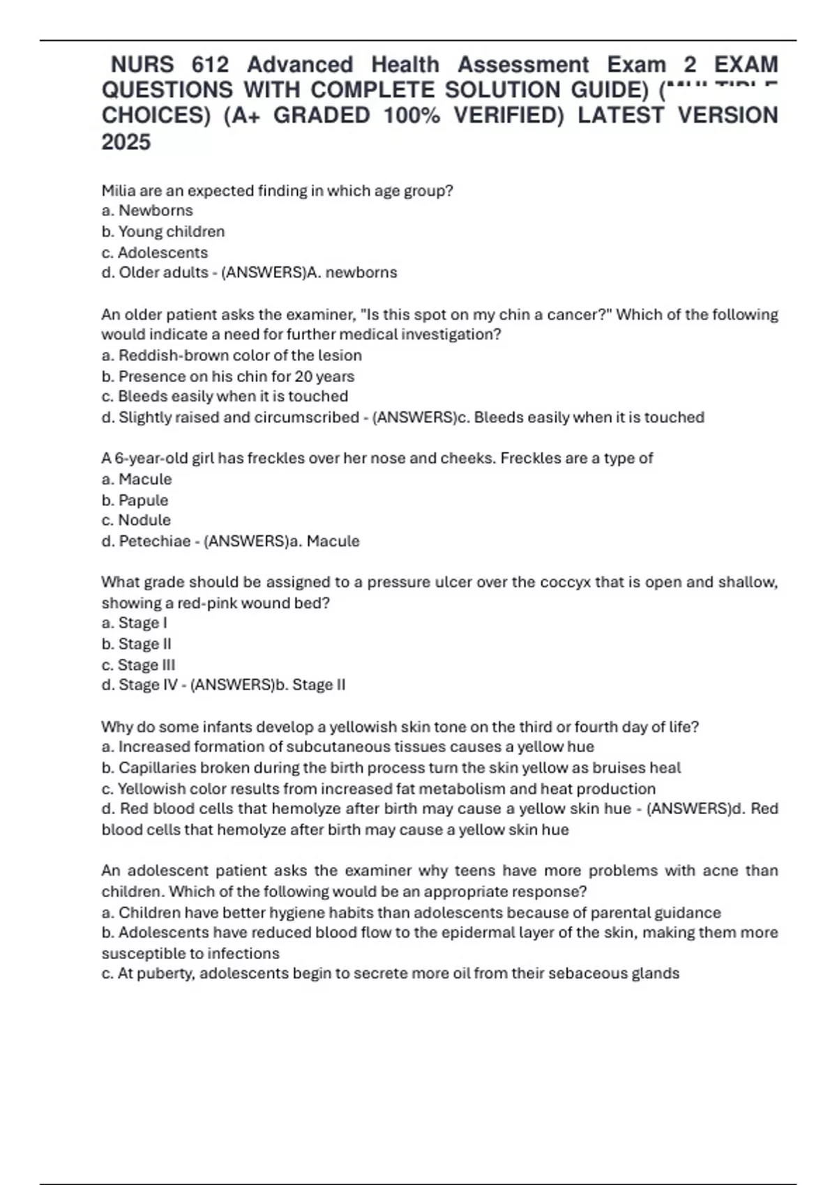 NURS 612 Advanced Health Assessment Exam 2 EXAM QUESTIONS WITH COMPLETE ...