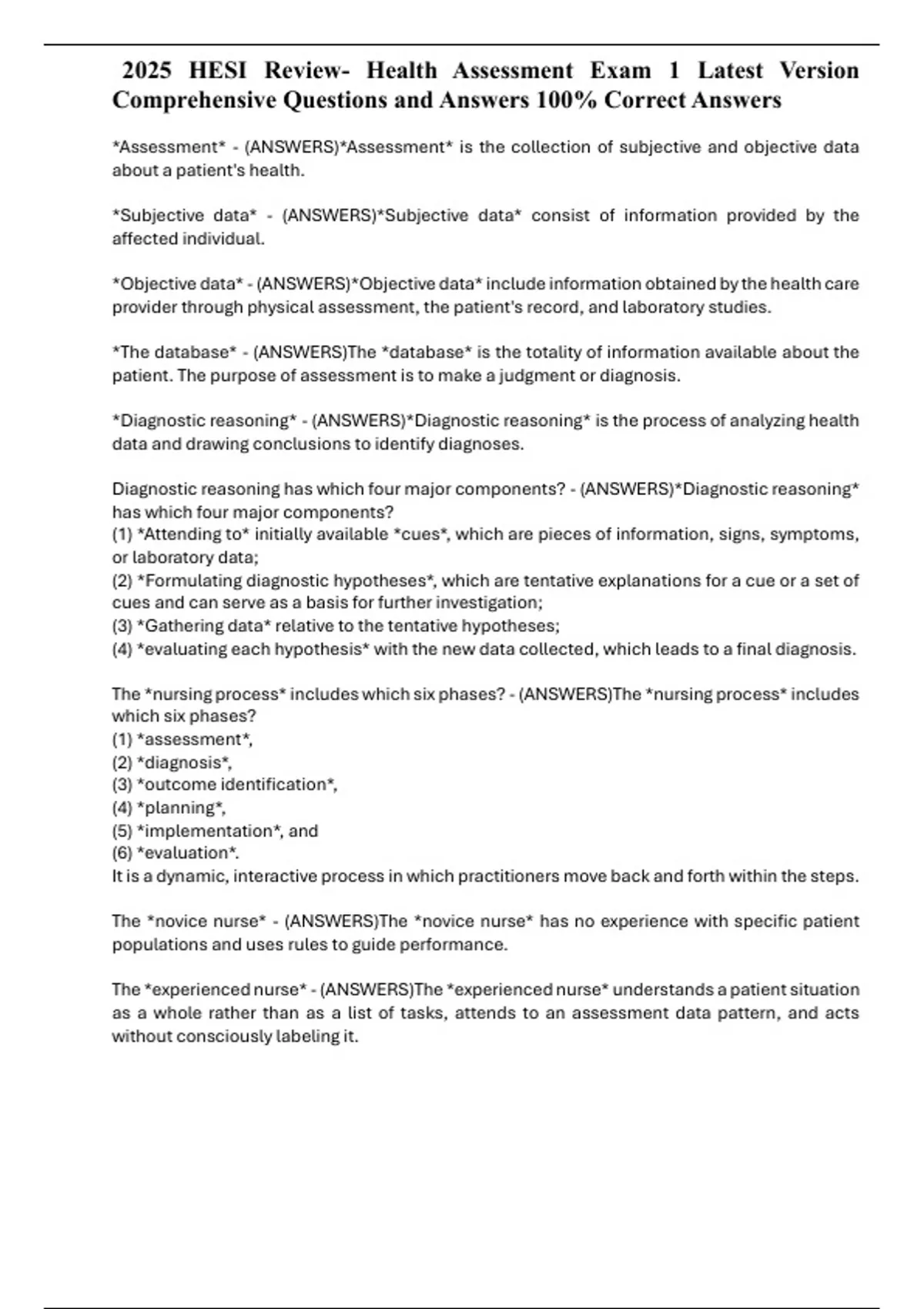 2025 HESI Review- Health Assessment Exam 1 Latest Version Comprehensive ...