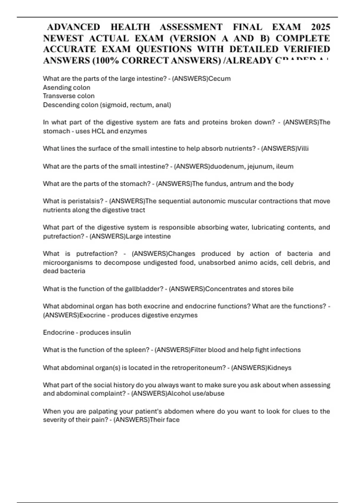 ADVANCED HEALTH ASSESSMENT FINAL EXAM 2025 NEWEST ACTUAL EXAM (VERSION ...