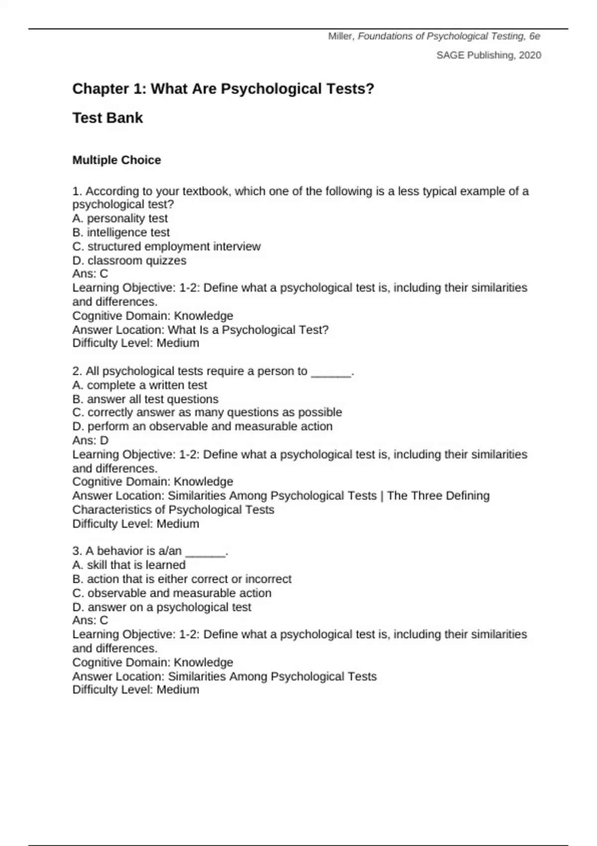 Test Bank, Exam questions: Foundations of Psychological Testing A ...