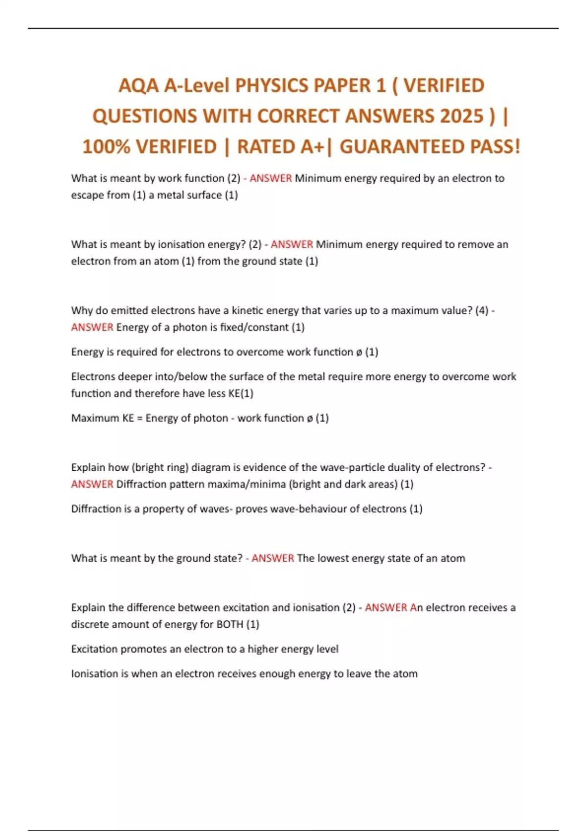 AQA A-Level PHYSICS PAPER 1 ( VERIFIED QUESTIONS WITH CORRECT ANSWERS ...