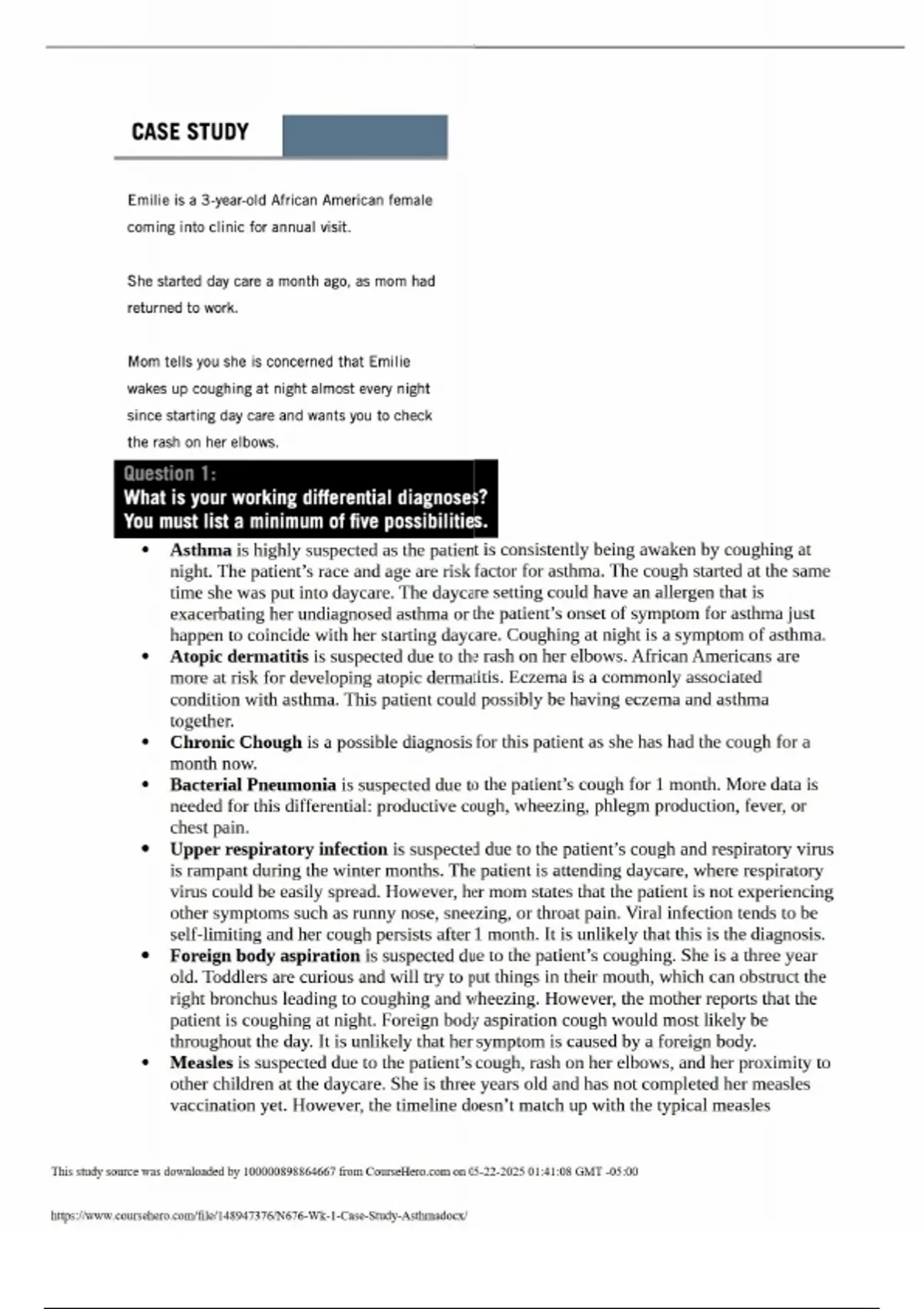 N 676 – Samuel Merritt College Week 1 Case Study Asthma | 2025 update | Respiratory Nursing ...