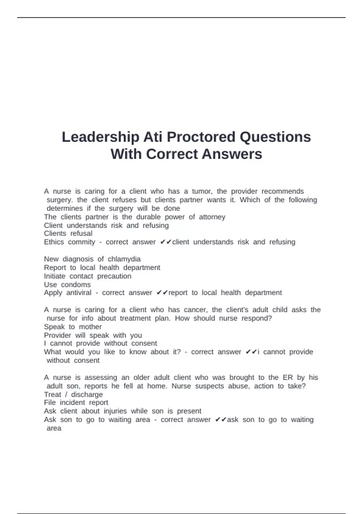 Leadership Ati Proctored Questions With Correct Answers - ATI Nursing ...