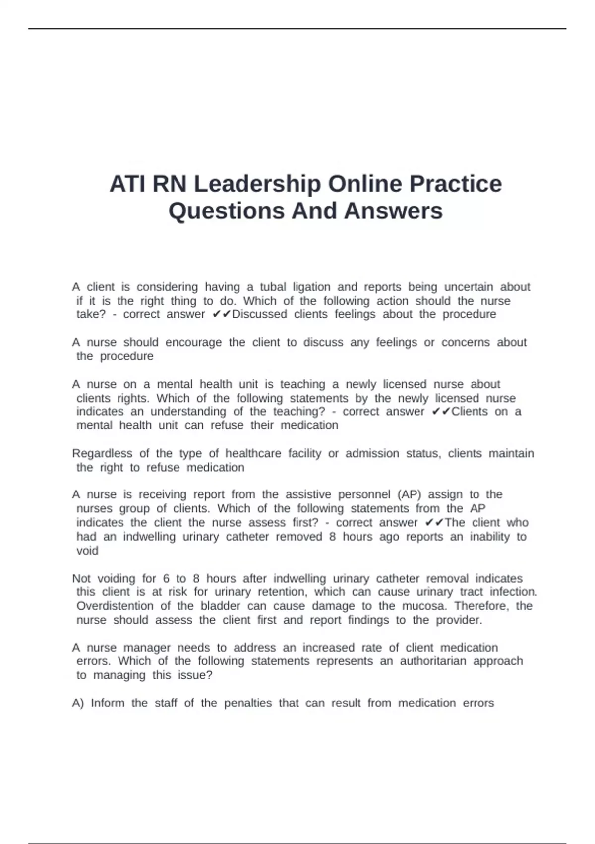 ATI RN Leadership Online Practice Questions And Answers - ATI Nursing ...
