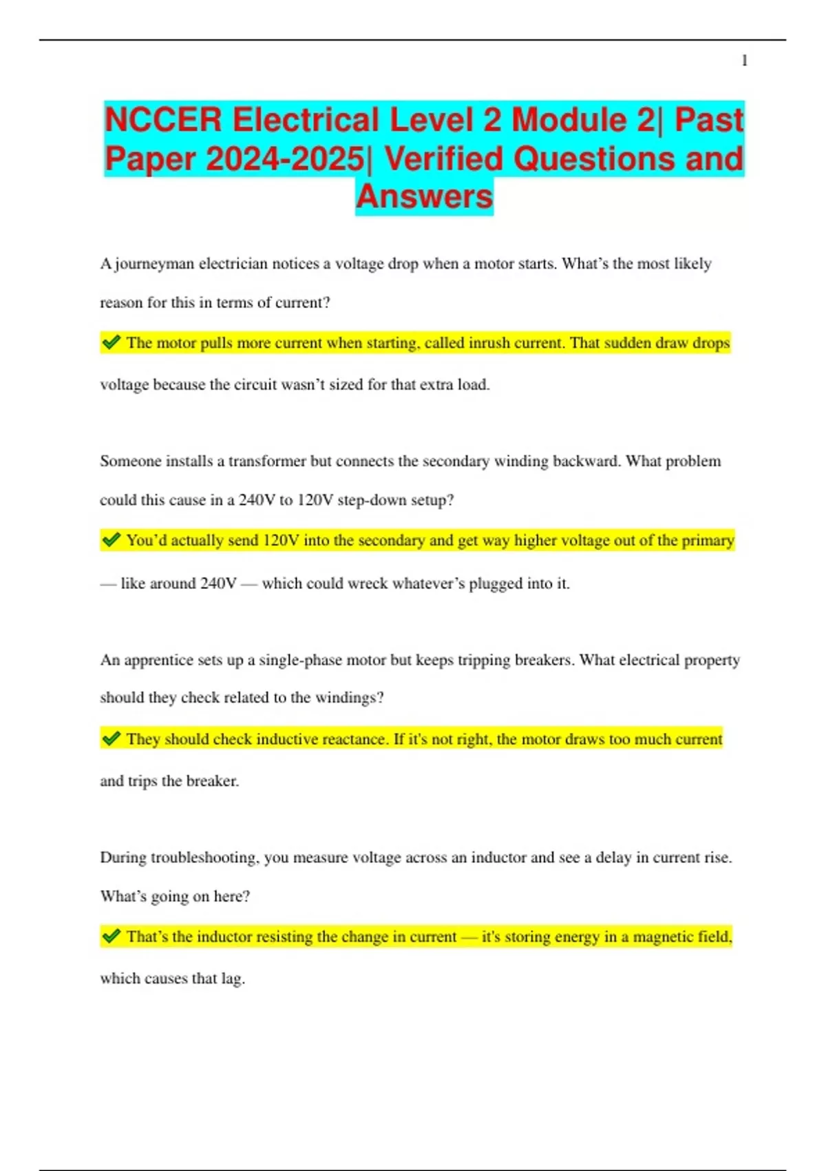NCCER Electrical Level 2 Module 2| Past Paper | Verified Questions and ...