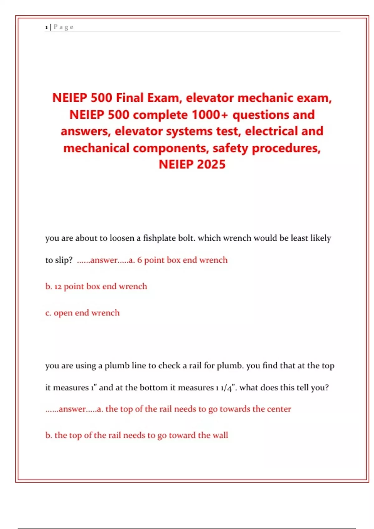 NEIEP 500 Final Exam, elevator mechanic exam, NEIEP 500 complete 1000+ questions and answers ...