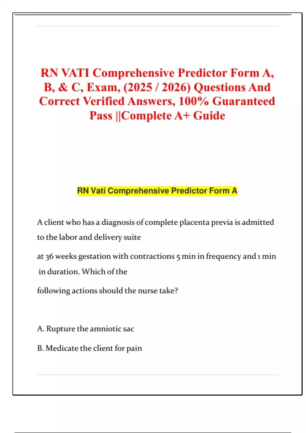RN VATI Comprehensive Predictor Form A, B, & C, Exam, (2025 / 2026 ...