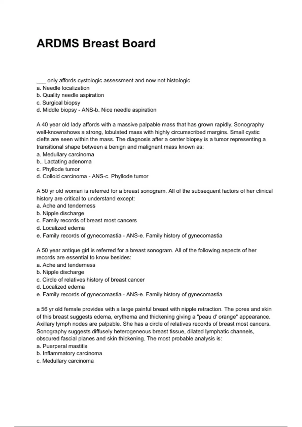 ARDMS Breast Board NEWEST 2025/2026 ACTUAL COMPLETE QUESTIONS AND ...