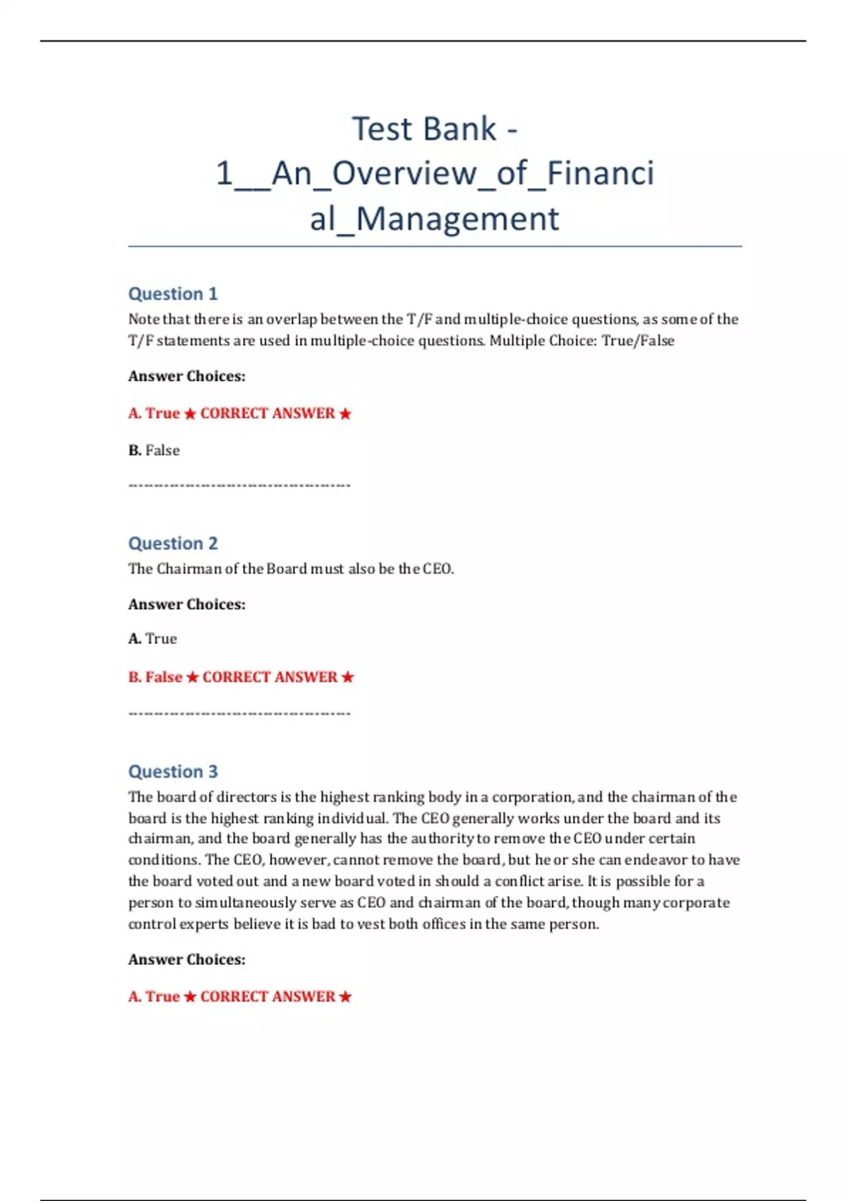 Test Bank, Exam questions: Fundamentals of Financial Management Concise ...