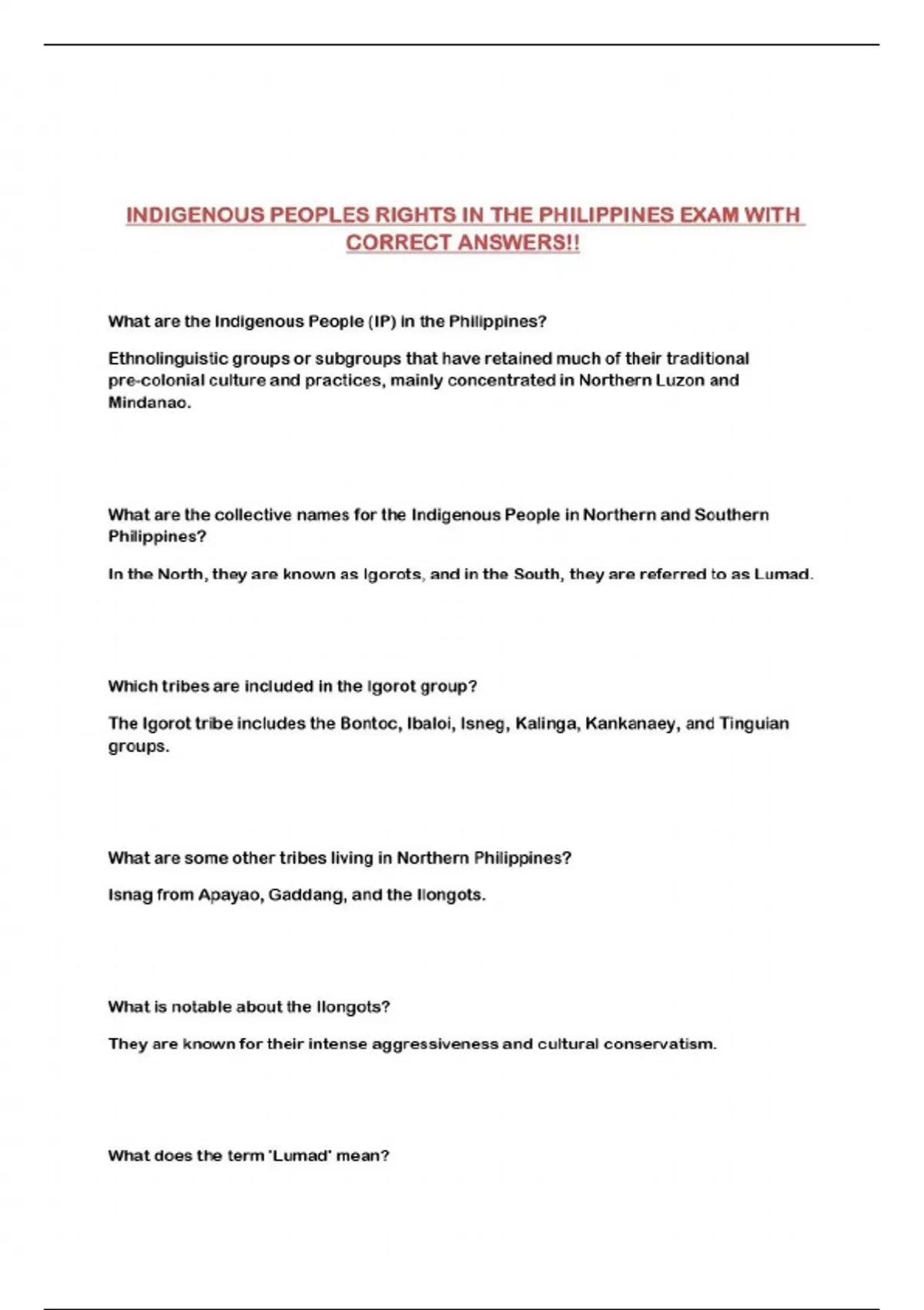 INDIGENOUS PEOPLES RIGHTS IN THE PHILIPPINES EXAM WITH CORRECT ANSWERS ...