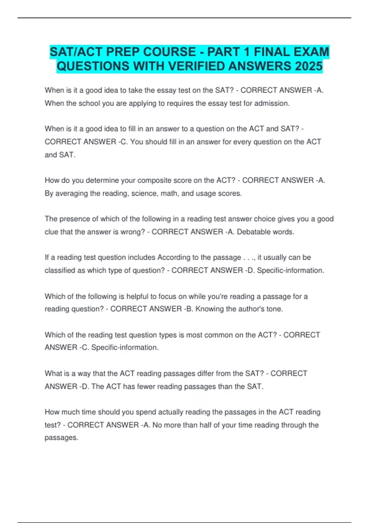 SAT/ACT Prep Course - Part 1 Final Exam questions with verified answers ...