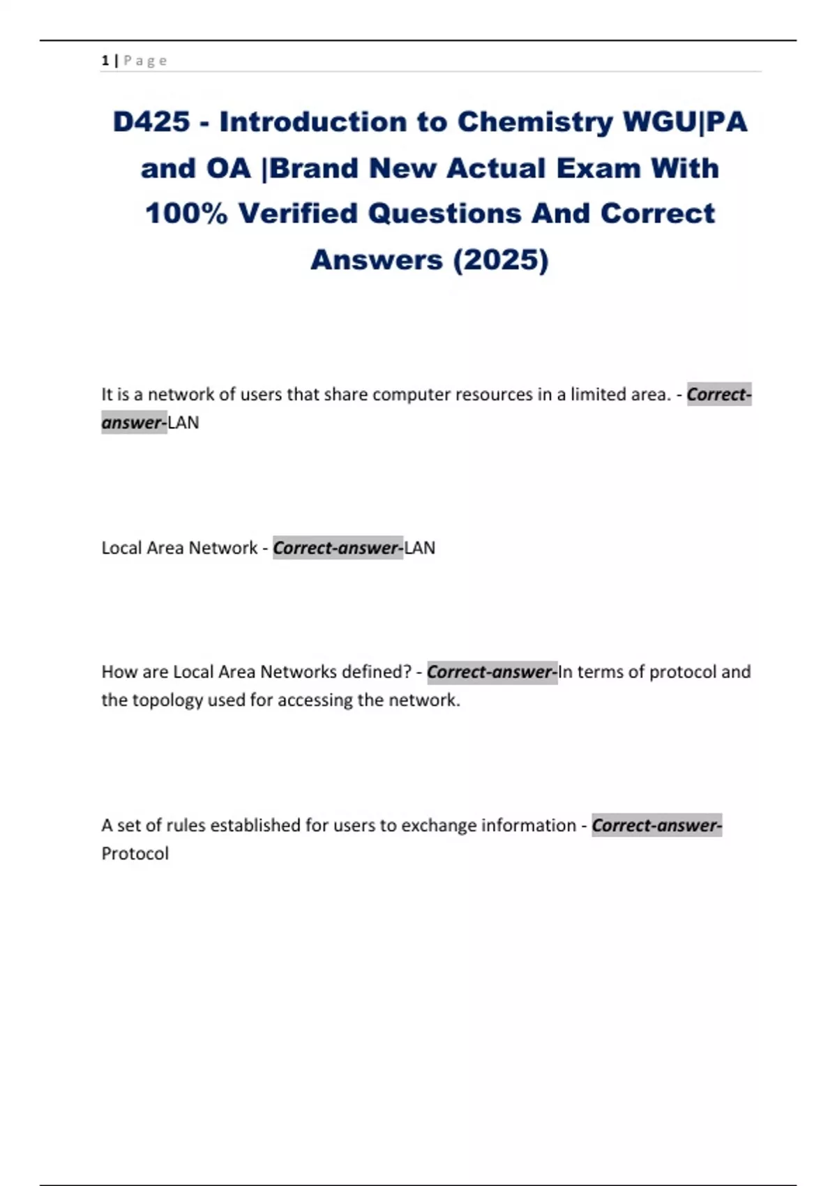 D425 - Introduction to Chemistry WGU|PA and OA |Brand New Actual Exam ...