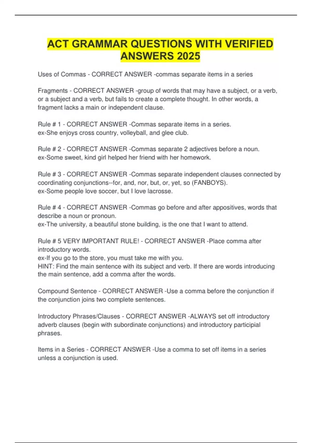 ACT Grammar questions with verified answers 2025 - ACT Grammar - Stuvia US