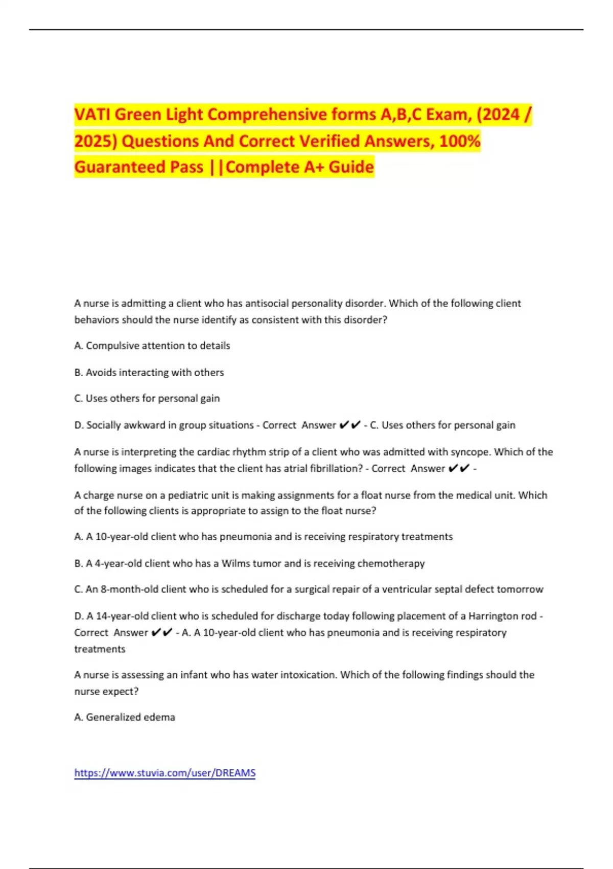 VATI Green Light Comprehensive forms A,B,C Exam, (2024 / 2025 ...