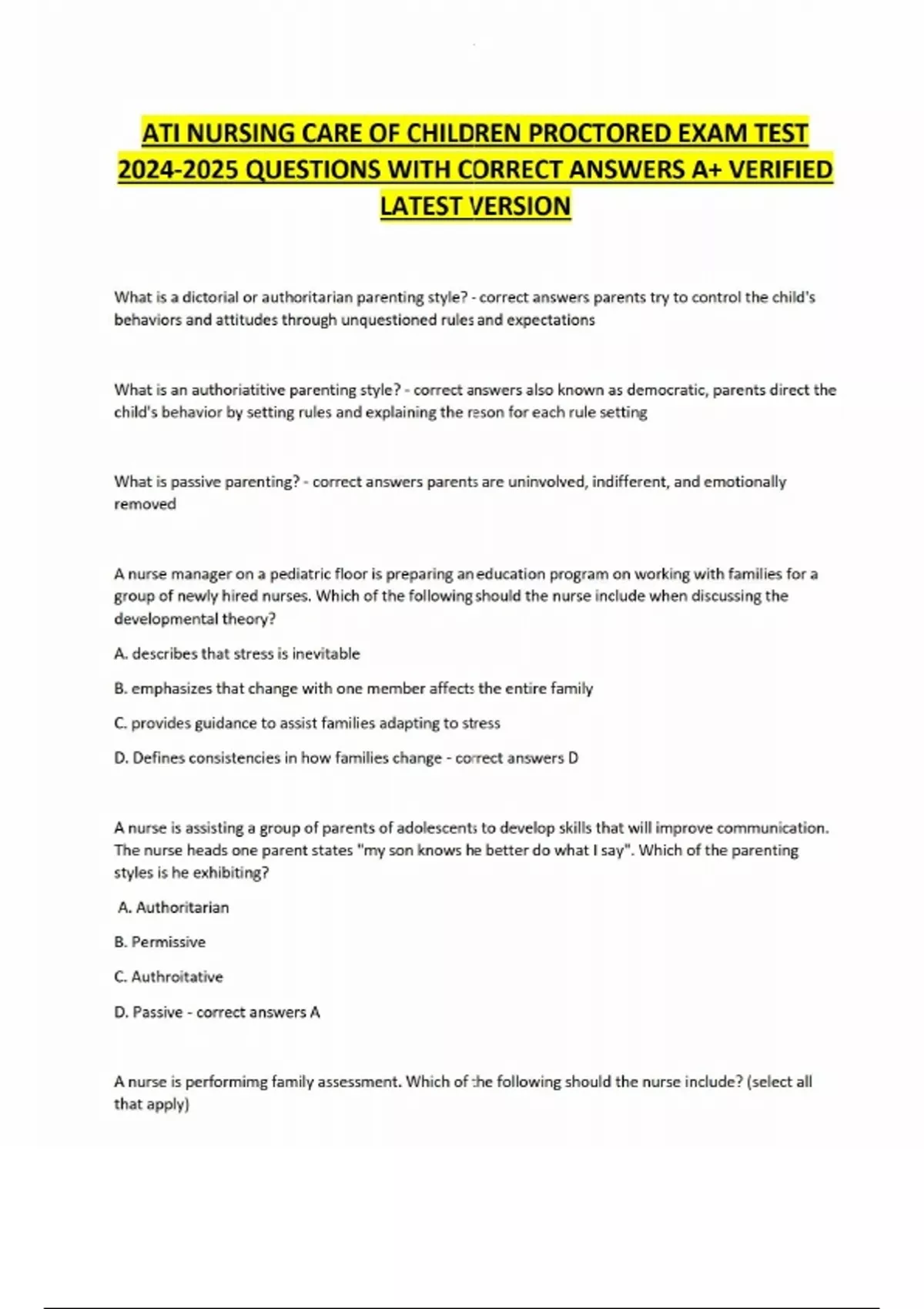 ATI NURSING CARE OF CHILDREN PROCTORED EXAM TEST QUESTIONS WITH CORRECT ...