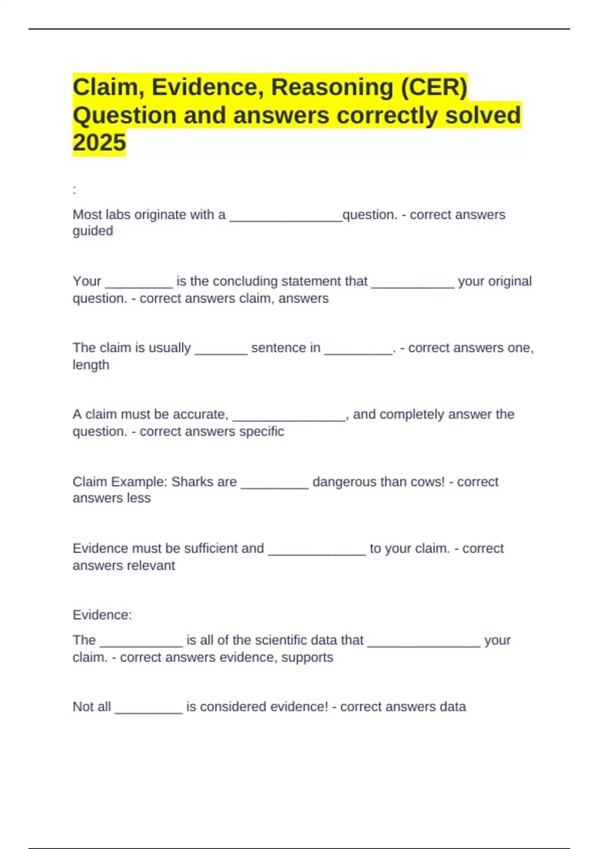 Claim, Evidence, Reasoning (CER) Question and answers correctly solved ...