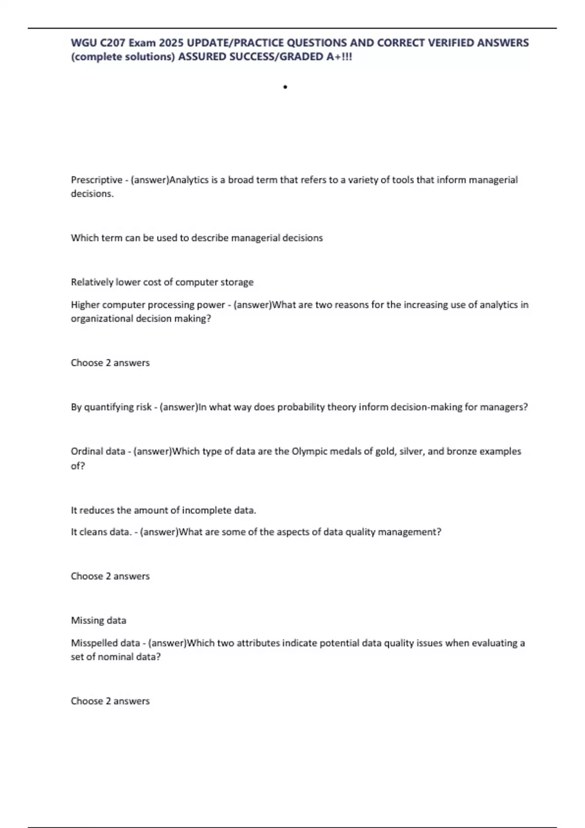 WGU C207 Exam 2025 UPDATE/PRACTICE QUESTIONS AND CORRECT VERIFIED ...