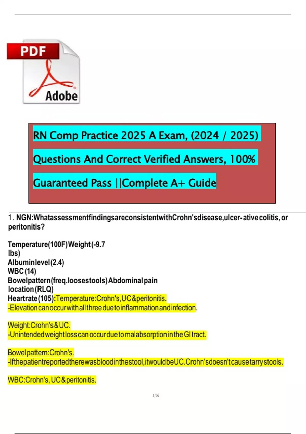RN Comp Practice 2025 A Exam, (2024 / 2025) Questions And Correct Verified Answers, 100% ...