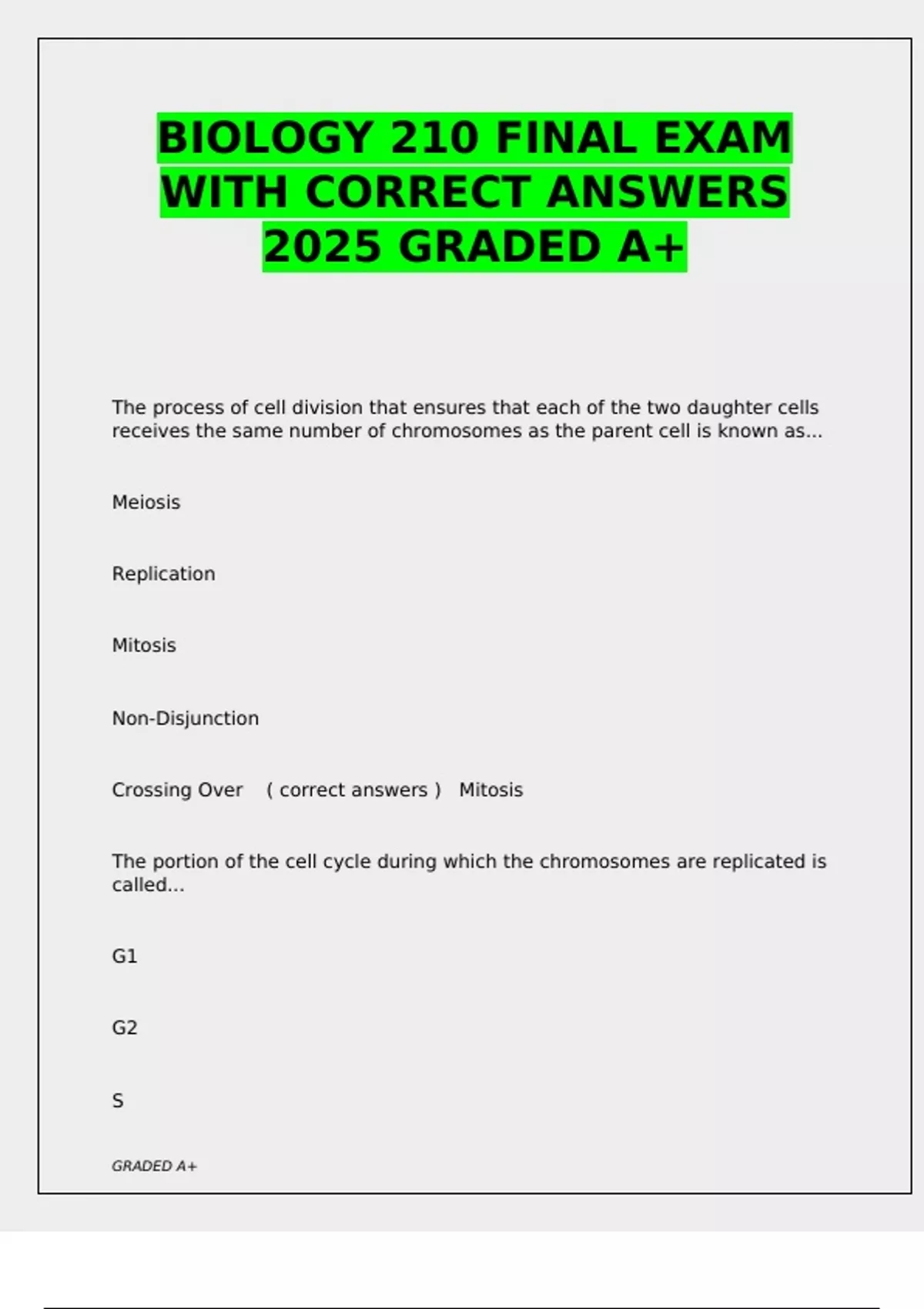 BIOLOGY 210 FINAL EXAM WITH CORRECT ANSWERS 2025 GRADED A+ - BIOLOGY ...