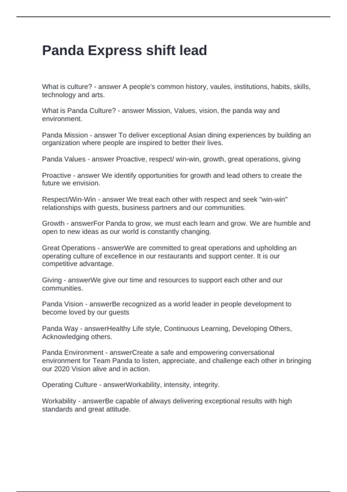 Panda Express shift lead Questions and Answers 100% Solved - Panda ...