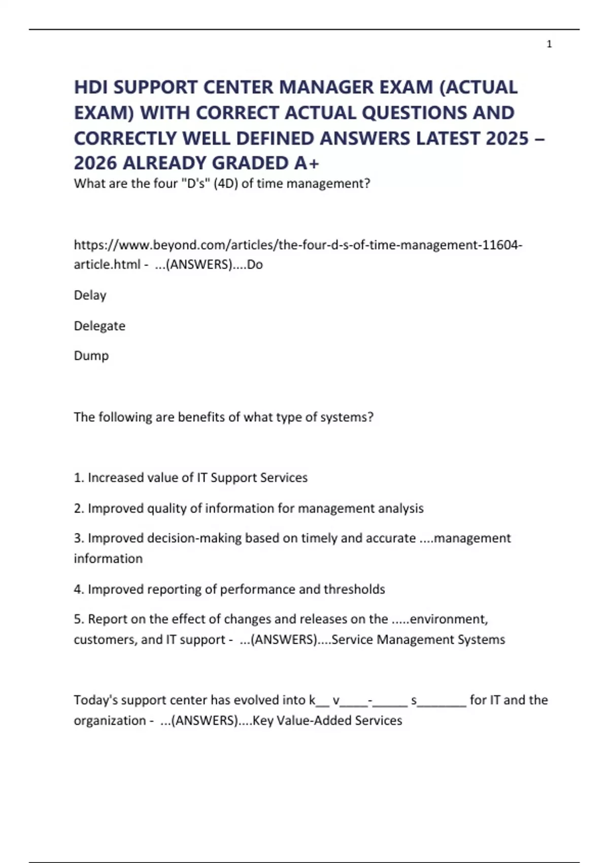 HDI SUPPORT CENTER MANAGER EXAM (ACTUAL EXAM) WITH CORRECT ACTUAL QUESTIONS AND CORRECTLY WELL ...