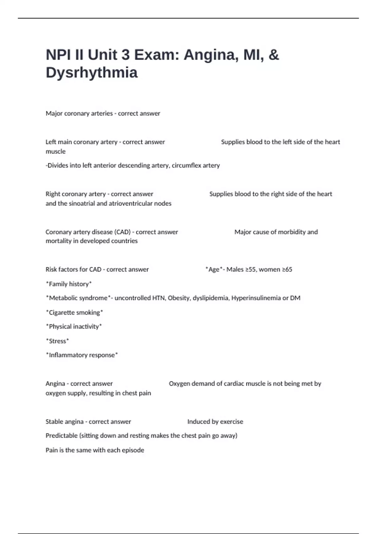 NPI II Unit 3 Exam: Angina, MI, & Dysrhythmia Practice Exam With ...
