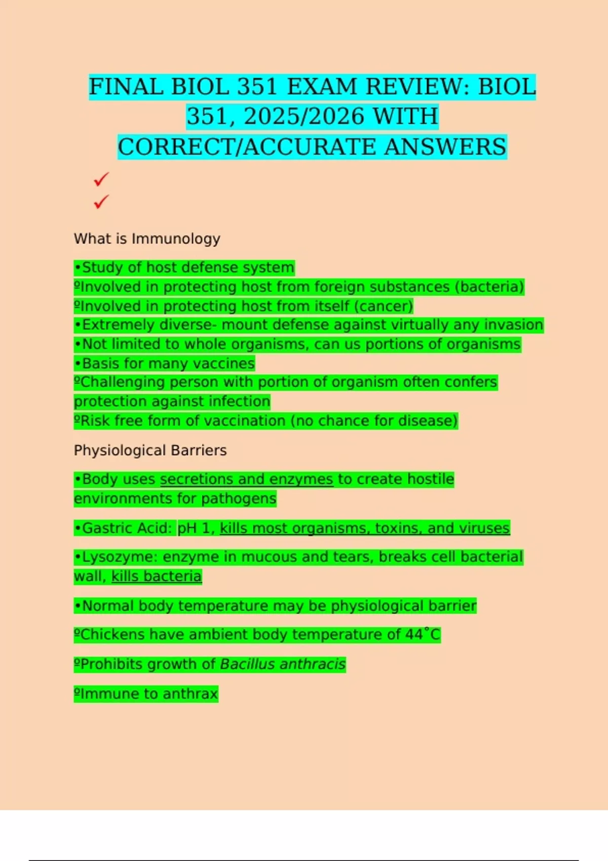 FINAL BIOL 351 EXAM REVIEW: BIOL 351, 2025/2026 WITH CORRECT/ACCURATE ANSWERS - BIOL 351 - Stuvia US