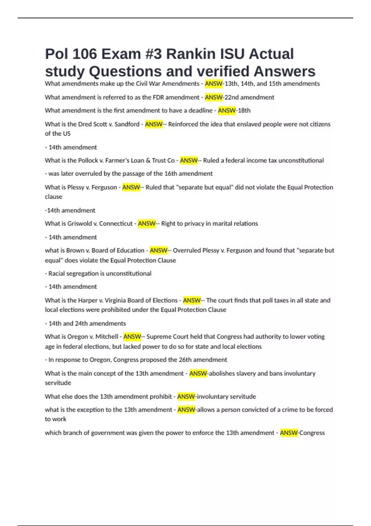 Pol 106 Exam #3 Rankin ISU Actual study Questions and verified Answers ...