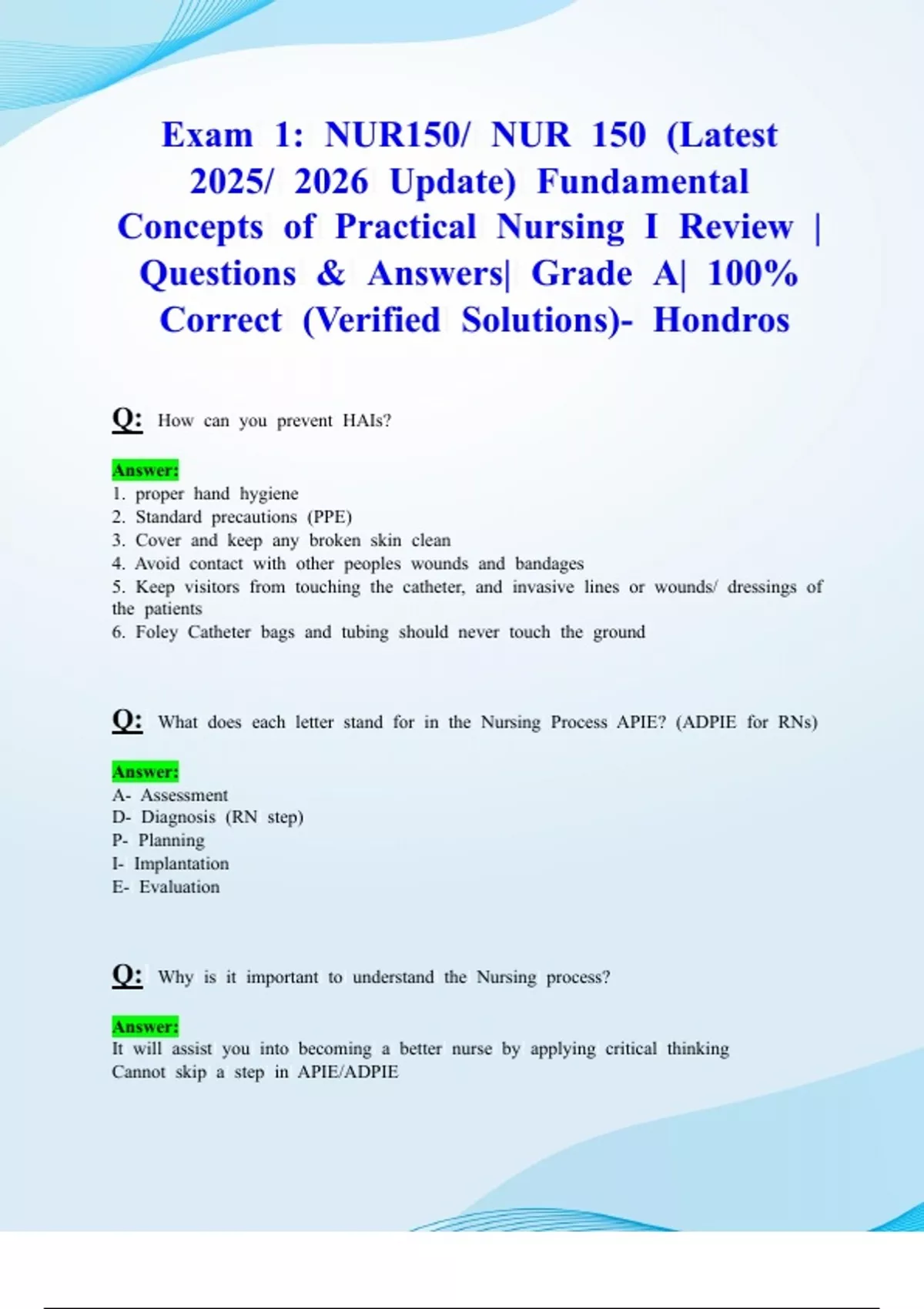 Exam 1: NUR150/ NUR 150 (Latest 2025/ 2026 Update) Fundamental Concepts ...