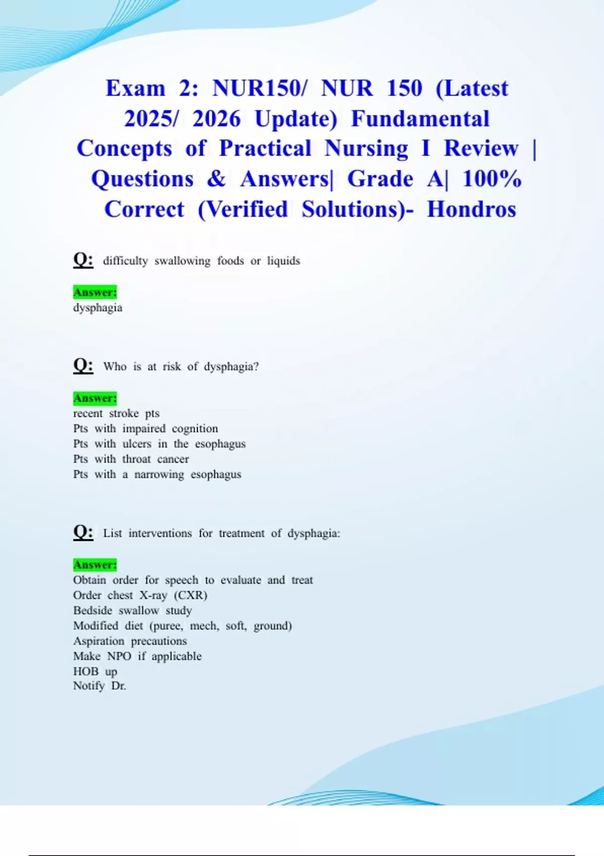 Exam 2: NUR150/ NUR 150 (Latest 2025/ 2026 Update) Fundamental Concepts ...
