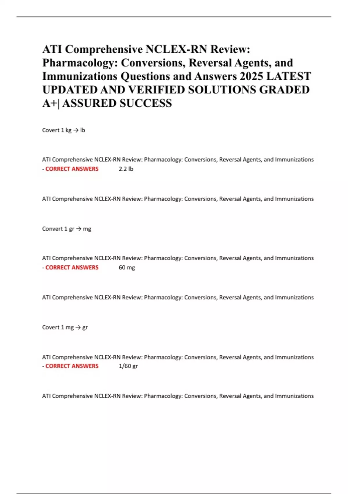 ATI Comprehensive NCLEX-RN Review: Pharmacology: Conversions, Reversal ...