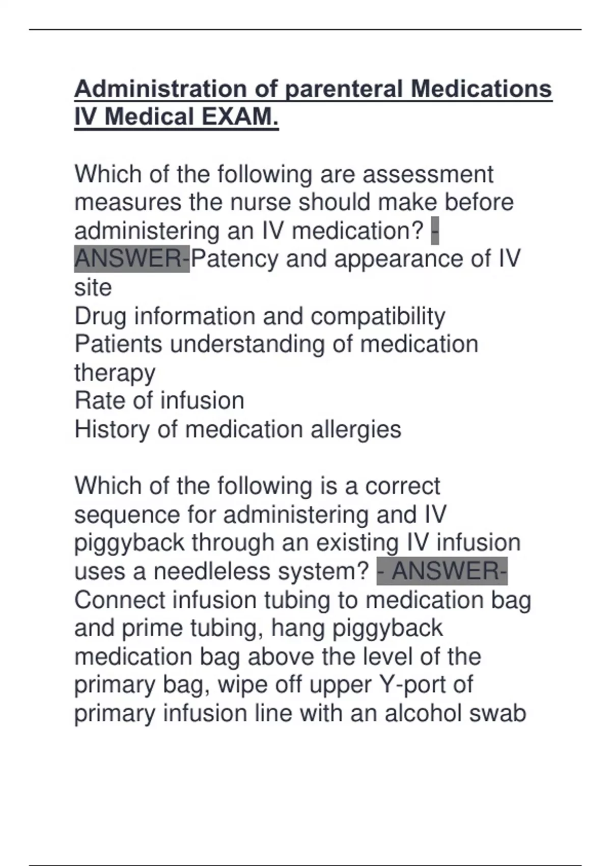 Administration of parenteral Medications IV Medical EXAM. - PARENTERAL ...
