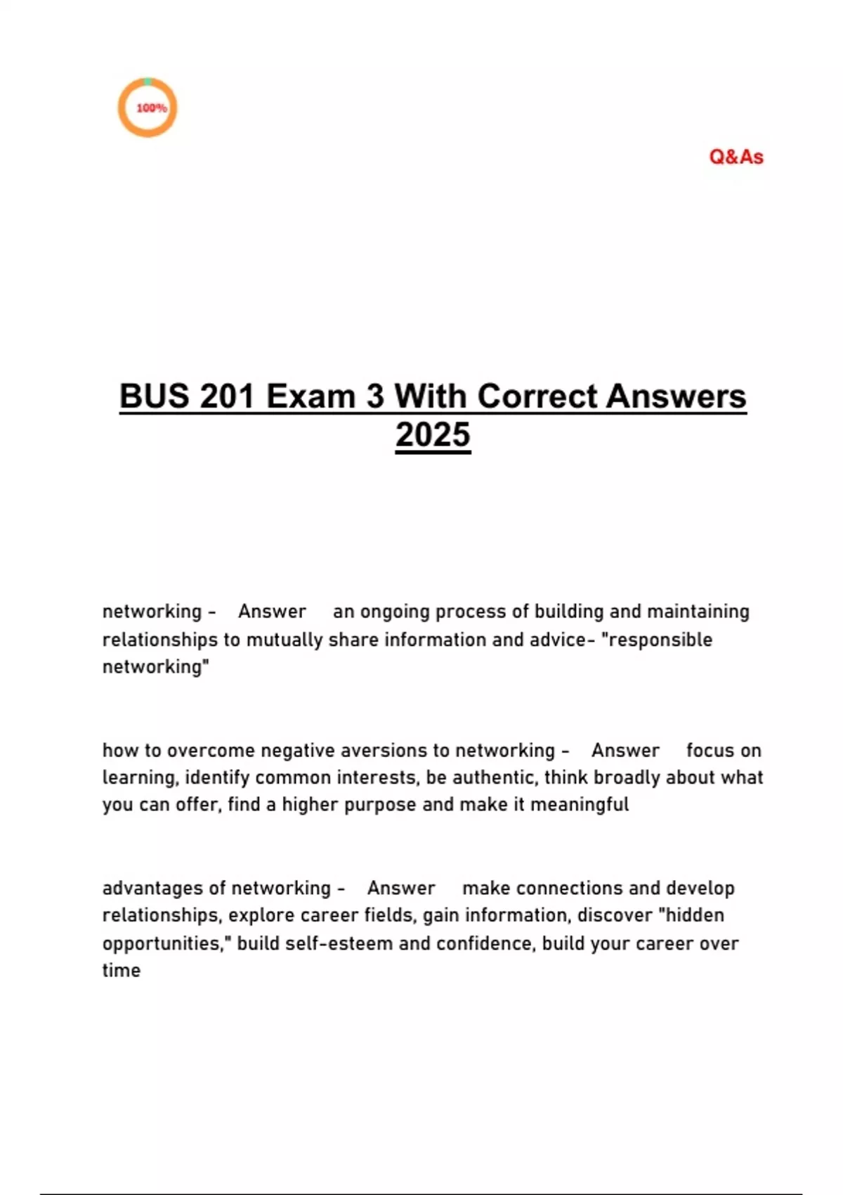 BUS 201 Exam 3 With Correct Answers 2025 - BUS 201 - Stuvia US