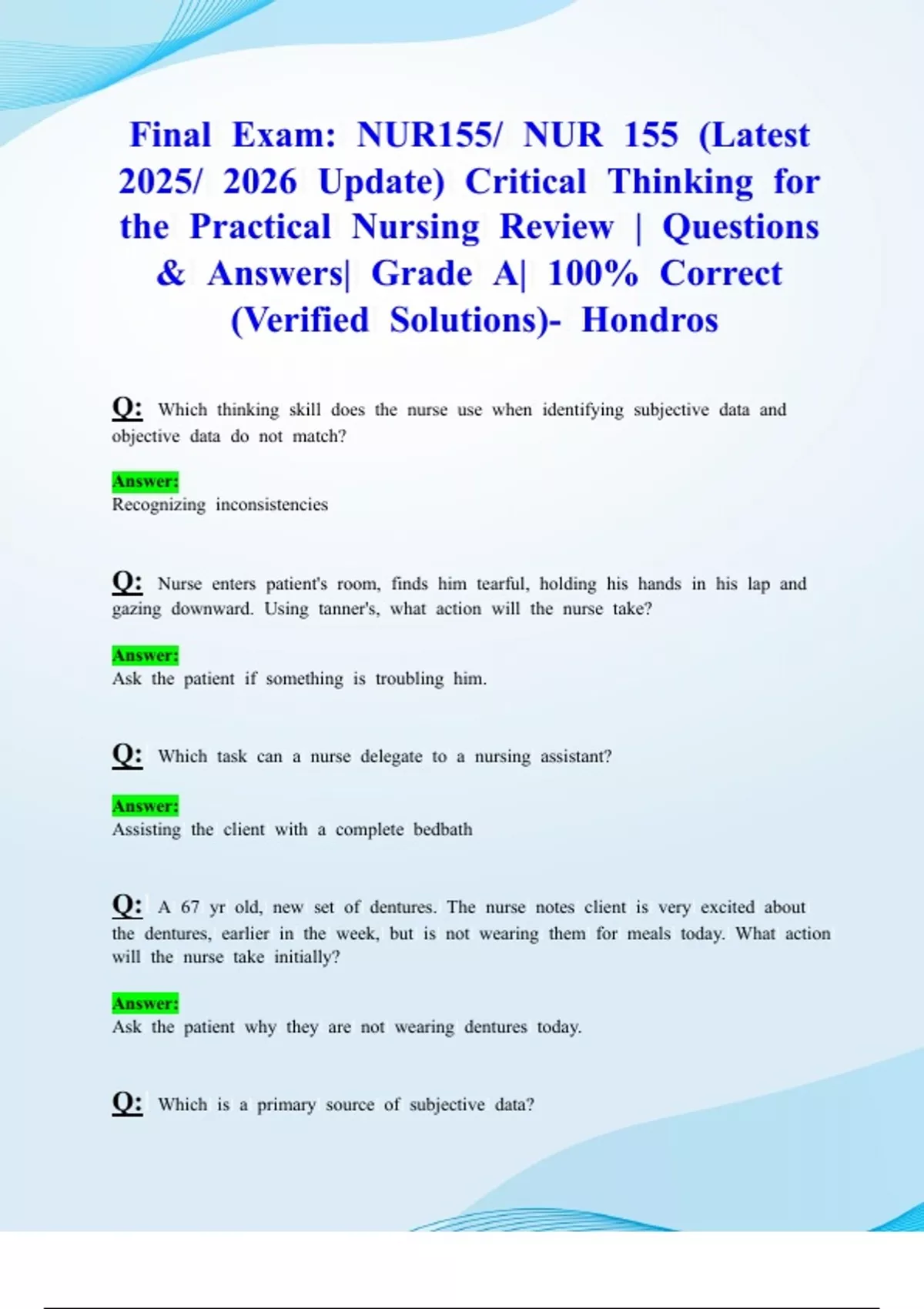 Final Exam: NUR155/ NUR 155 (Latest 2025/ 2026 Update) Critical ...