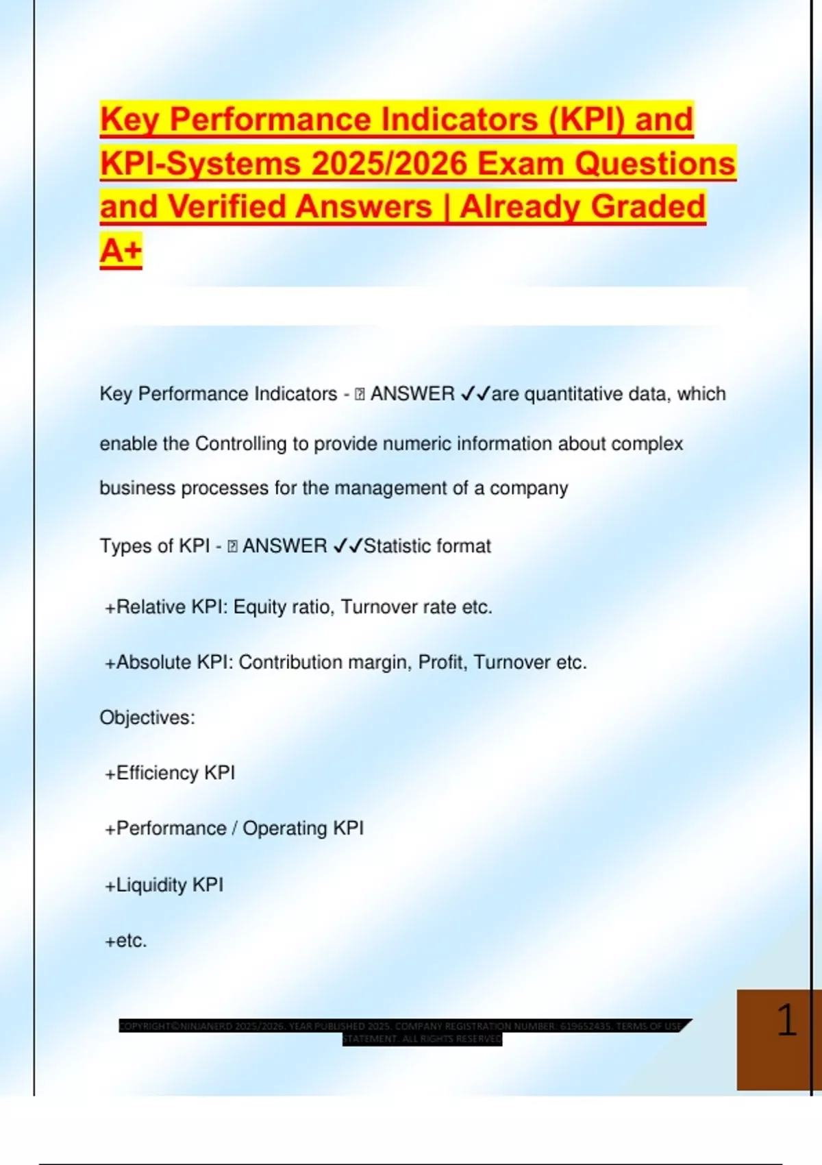 Key Performance Indicators (KPI) and KPI-Systems 2025/2026 Exam Questions and Verified Answers ...