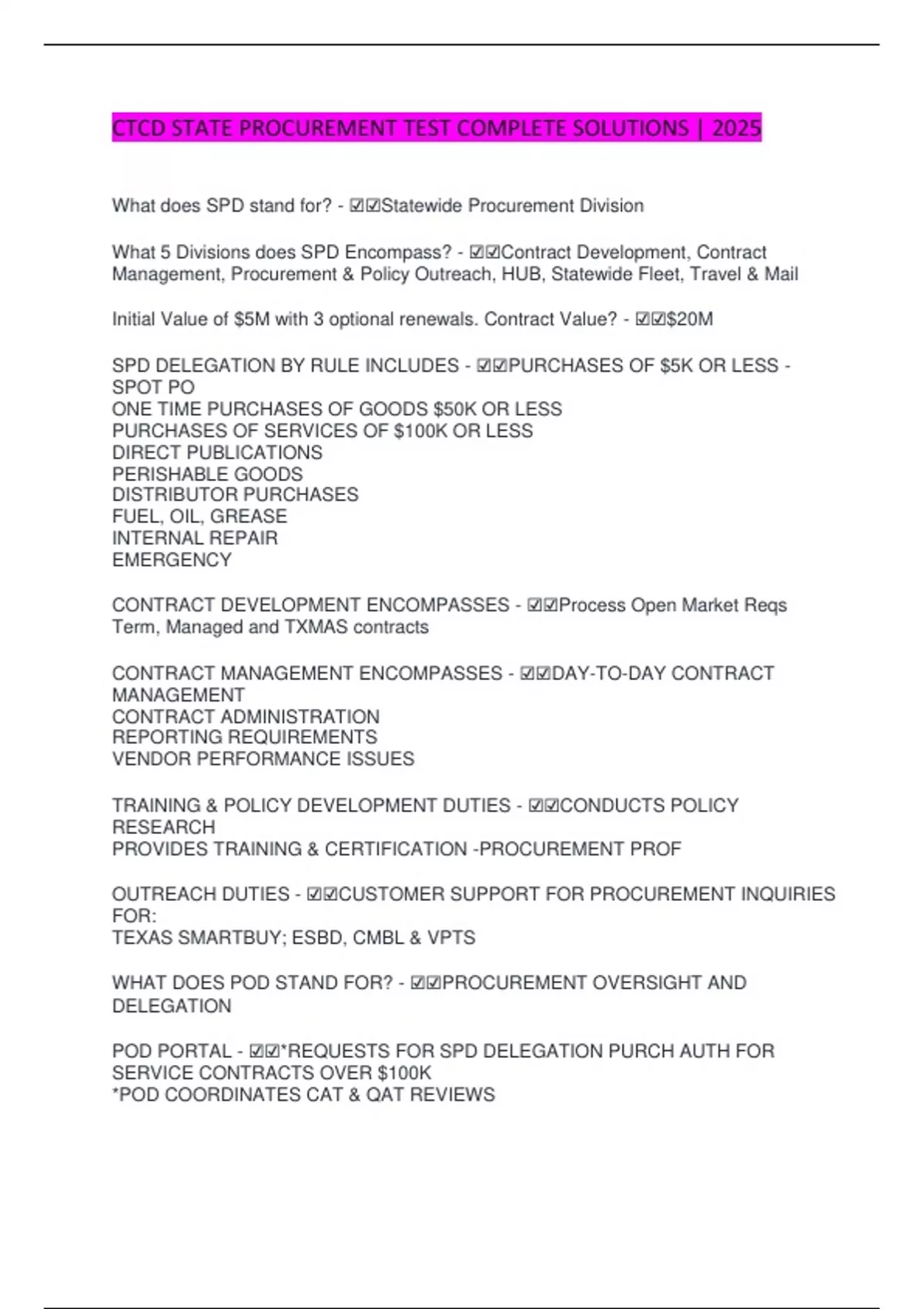 CTCD STATE PROCUREMENT TEST COMPLETE SOLUTIONS | 2025 - CTCD - Stuvia US