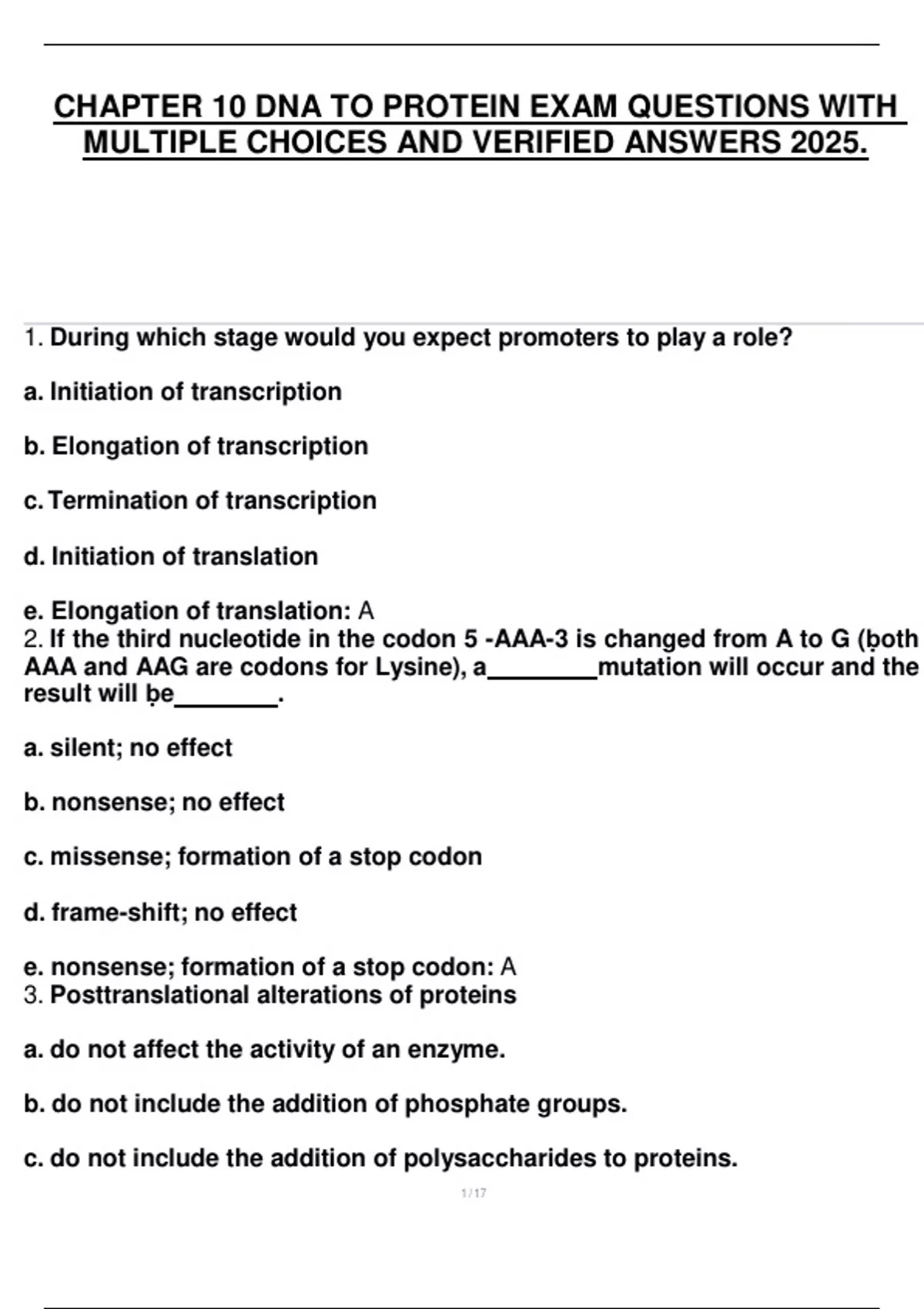 Chapter 10 – DNA to Protein | Exam Questions with Multiple Choices and ...