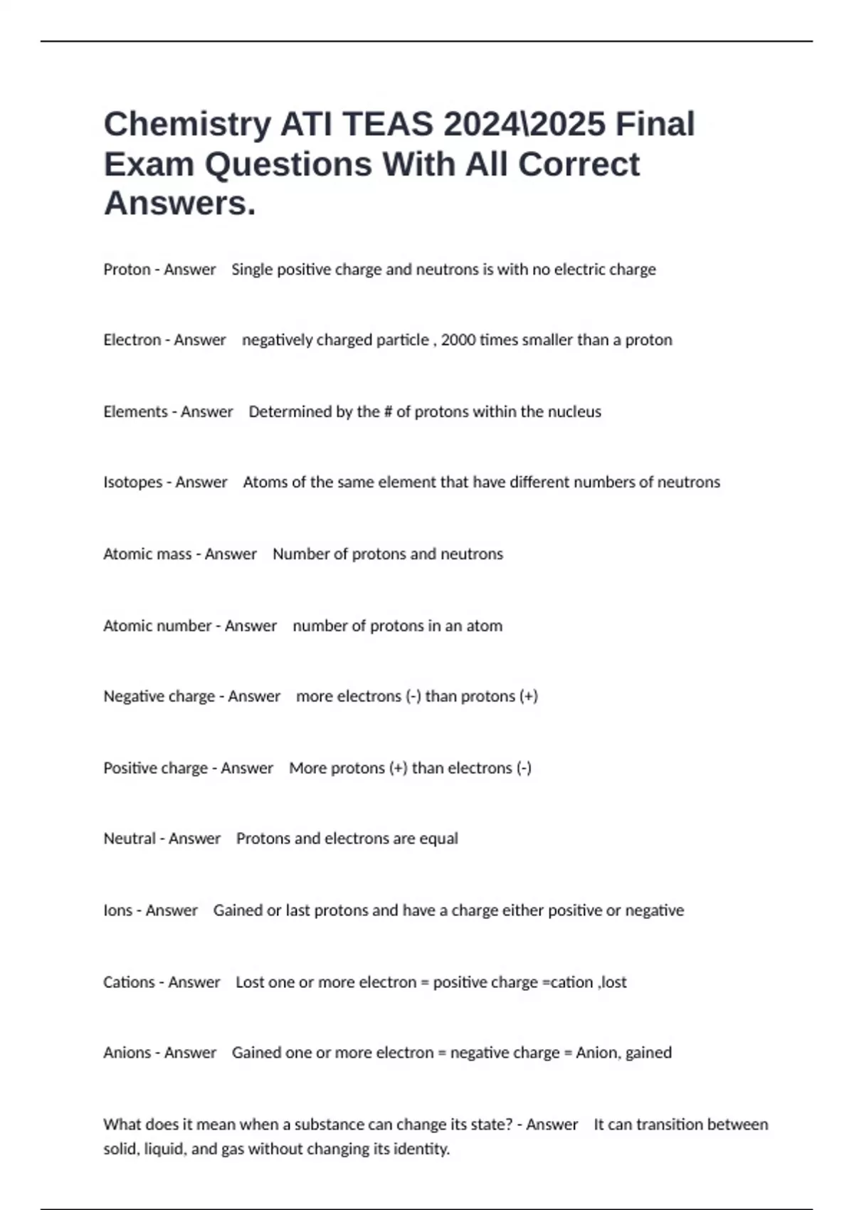 Chemistry ATI TEAS Final Exam Questions With All Correct Answers ...