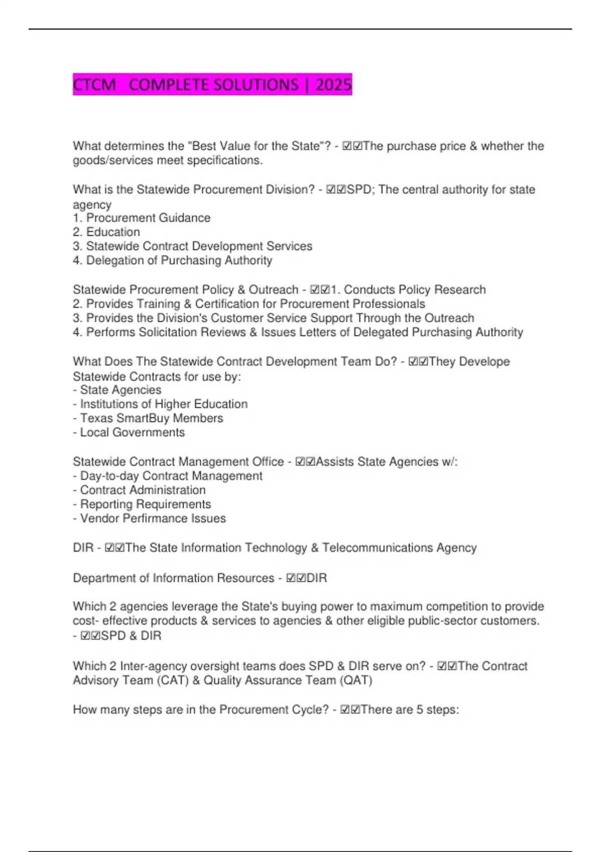 CTCM COMPLETE SOLUTIONS | 2025 - CTCM - Stuvia US