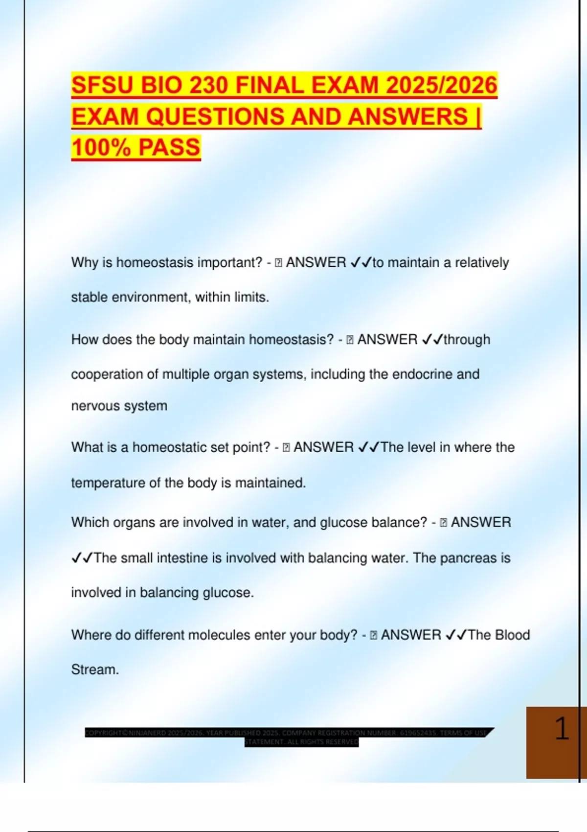 SFSU BIO 230 FINAL EXAM 2025/2026 EXAM QUESTIONS AND ANSWERS | 100% PASS - SFSU BIO 230 - Stuvia US