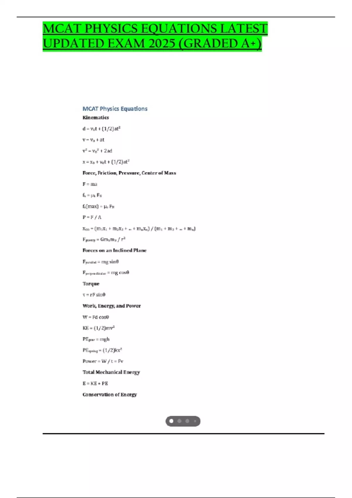 MCAT PHYSICS EQUATIONS LATEST UPDATED EXAM 2025 (GRADED A+) - MCAT ...