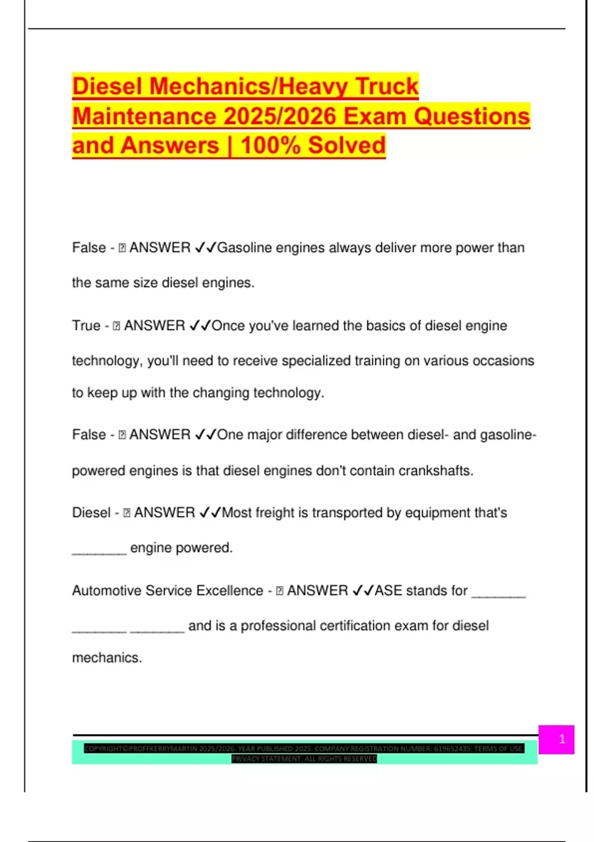 Diesel Mechanics/Heavy Truck Maintenance 2025/2026 Exam Questions and ...