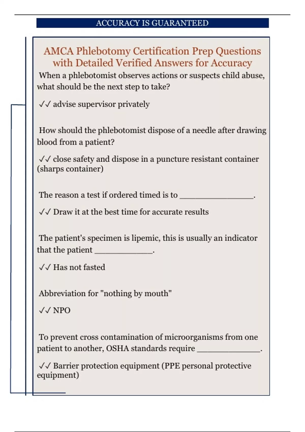 AMCA Phlebotomy Certification Prep Questions with Detailed Verified ...