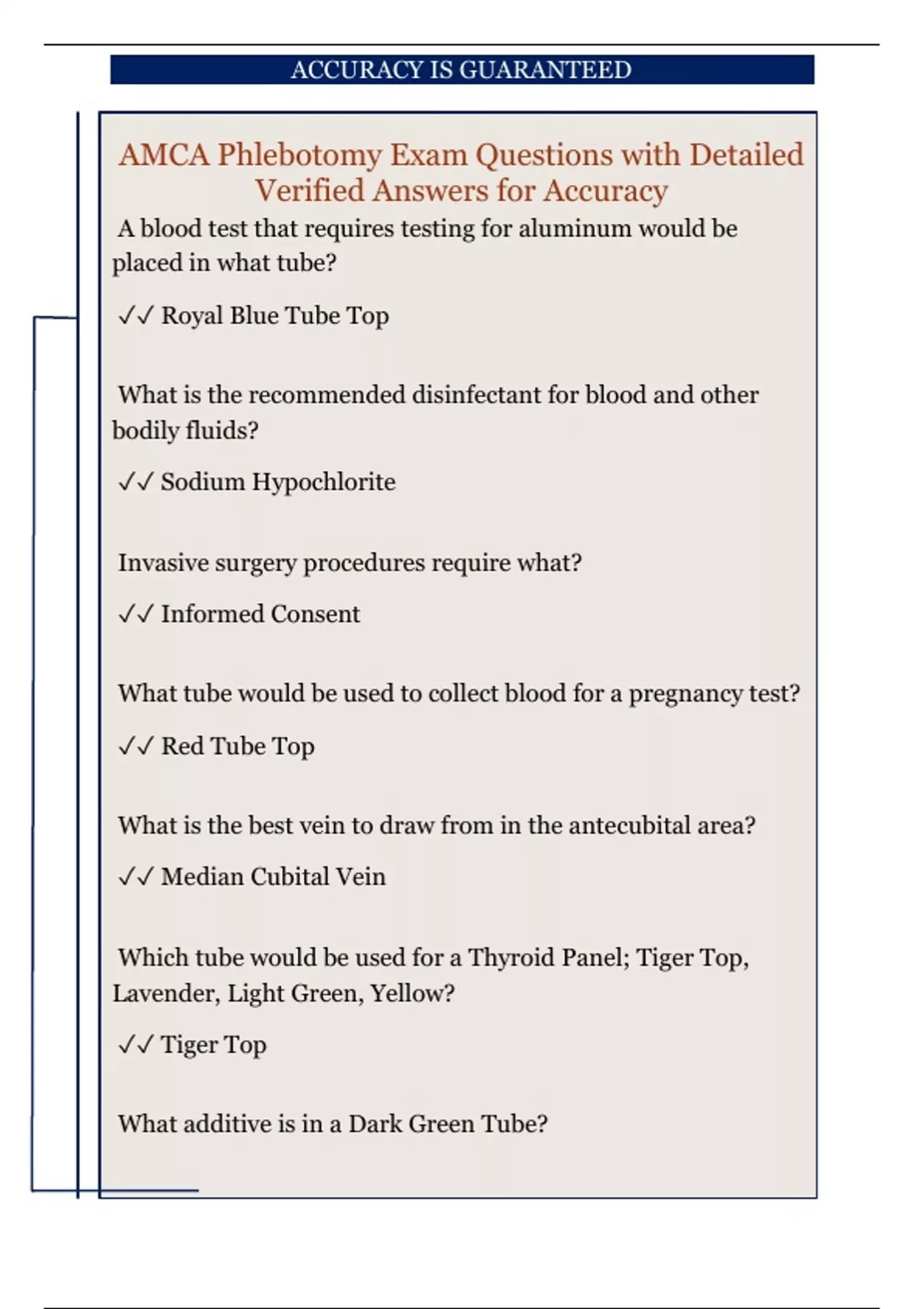 Amca Phlebotomy Exam Questions With Detailed Verified Answers For